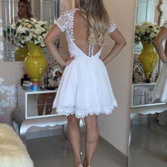 White Homecoming Dresses Zippers Short Sleeve A-line/column V-neck ...