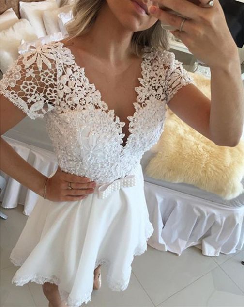 White Homecoming Dresses Zippers Short Sleeve A-line/column V-neck ...