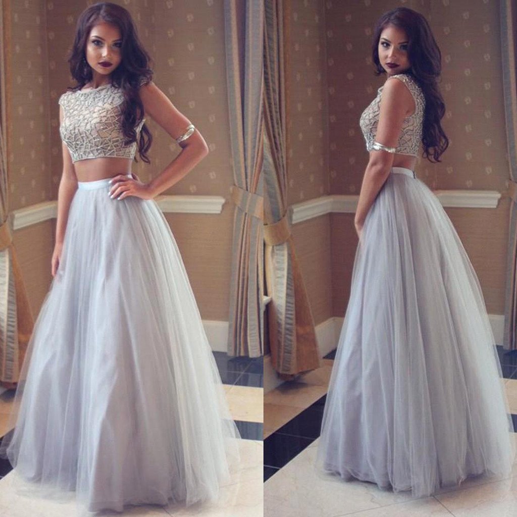 Silver Beaded Two Pieces Long A-line Tulle Prom Dresses, Long Prom ...