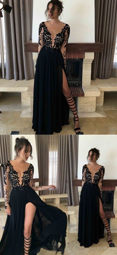 2017 Chiffon Prom Dresses Deep V Neck Prom Dresses Lace Appliques Prom ...
