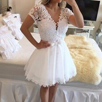 White Homecoming Dresses Zippers Short Sleeve A-line/column V-neck ...