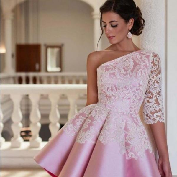 Pink Homecoming Dresses Side-Zipper One Sleeve A-Line/Column One Sleeve ...