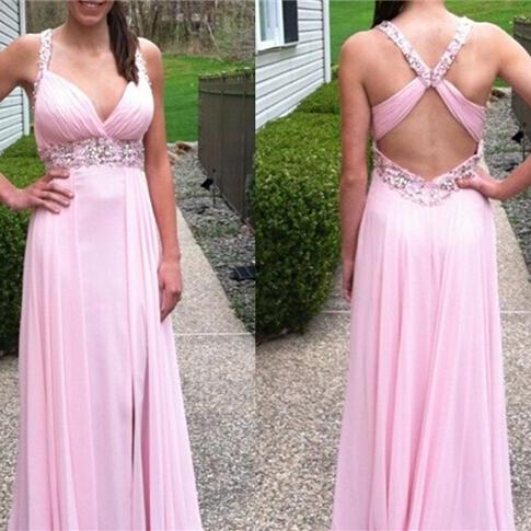 Pink Backless Long Prom Dresses, Open Back Prom Gowns, Pink Prom ...