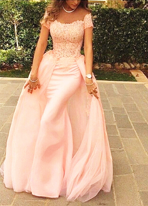 Cap Sleeves Dress For Teens,long Lace Prom Dresses,pearl Pink Prom ...