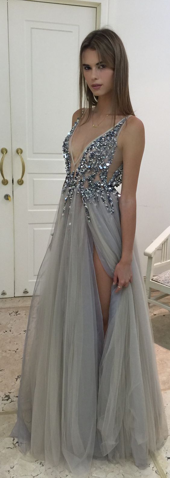 Ball Gown Gray Prom Dresses Grey Long Evening Gowns With Sparkle Slit ...